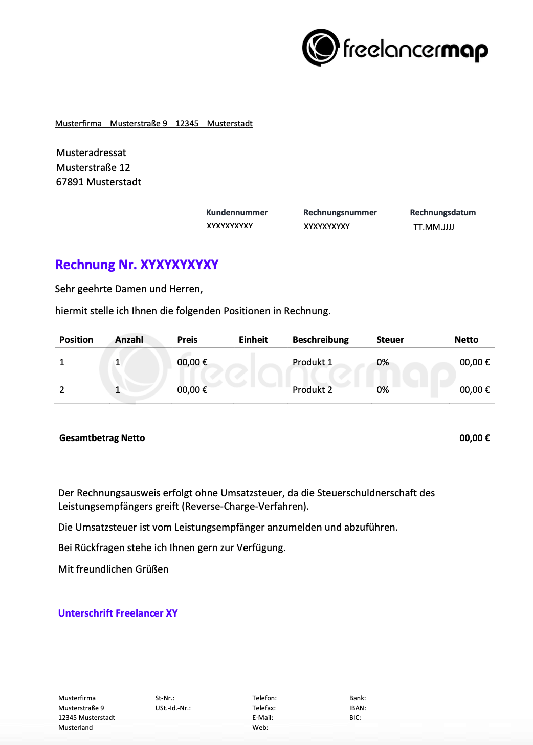 Reverse Charge Rechnung | kostenlose Vorlage herunterladen