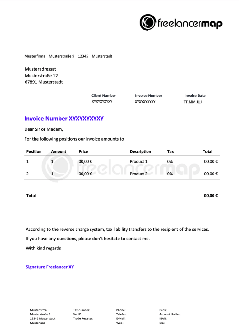 Reverse Charge Rechnung | kostenlose Vorlage herunterladen